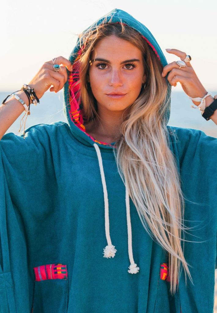 Forest Green Surf Poncho/Fuscia Wave Pattern - Pakal Ethnic Surf Shop