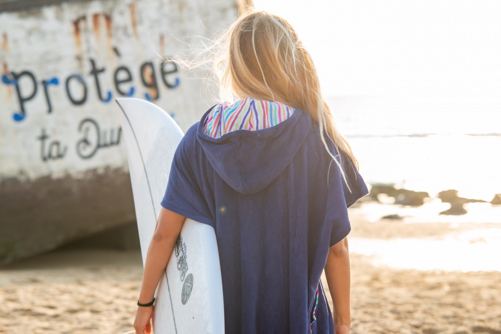 Ocean Blue Towel Surf Poncho / White Striped Fabric - Pakal Ethnic Surf ...